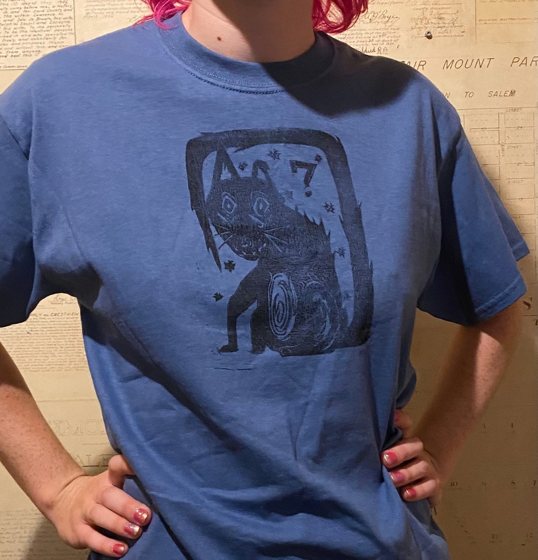 Black Cat Scary/creepy Dark Blue Indigo Cotton T Shirt Handmade Linocut ...