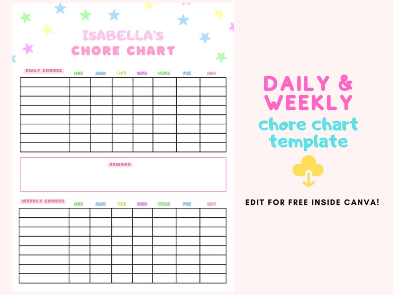Customizable Chore Chart, Kids Chore Chart, Chore Chart Kid Printable ...