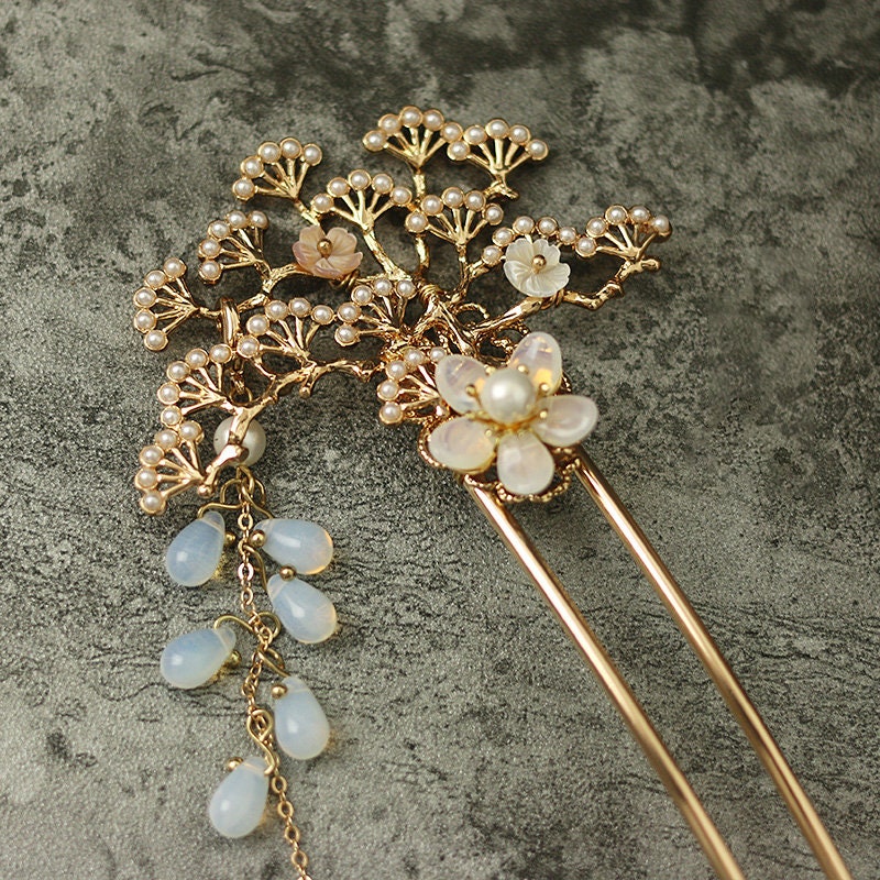 Retro Pine Tree Hairpin Gold Plated Copper Shell Flower Tassel - Etsy