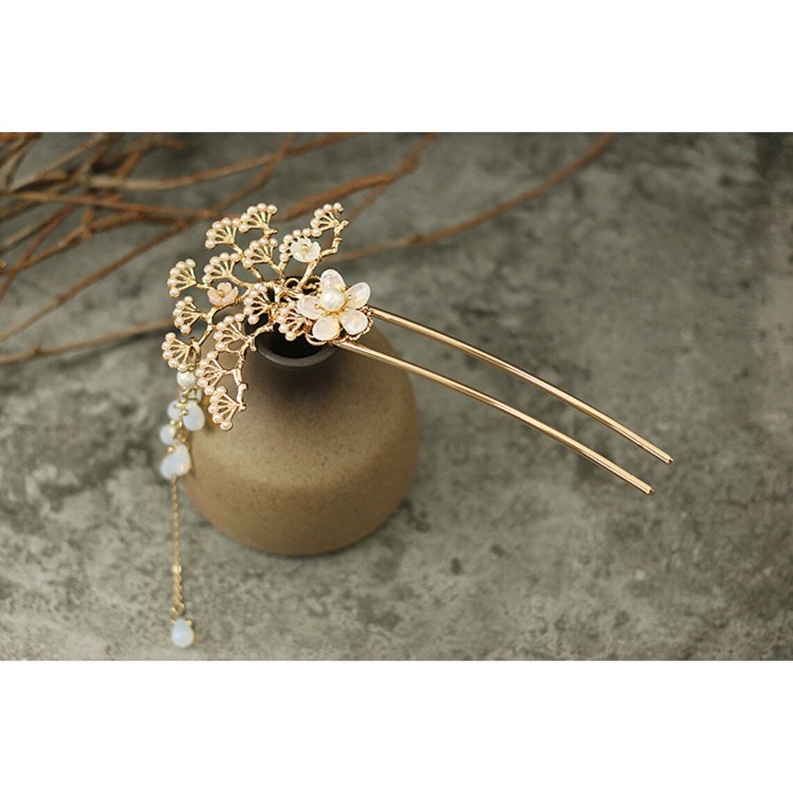 Retro Pine Tree Hairpin Gold Plated Copper Shell Flower Tassel - Etsy