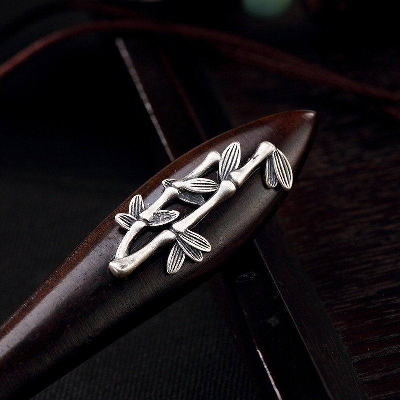 Long Black Wood Hairpin Inlaid With S925 Sterling Silver - Etsy