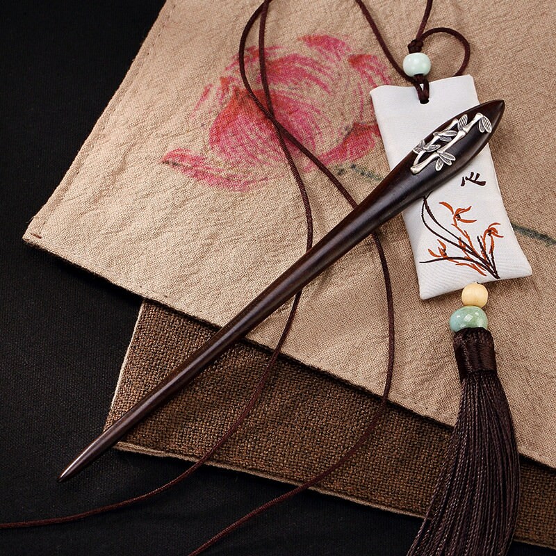 Long Black Wood Hairpin Inlaid With S925 Sterling Silver - Etsy