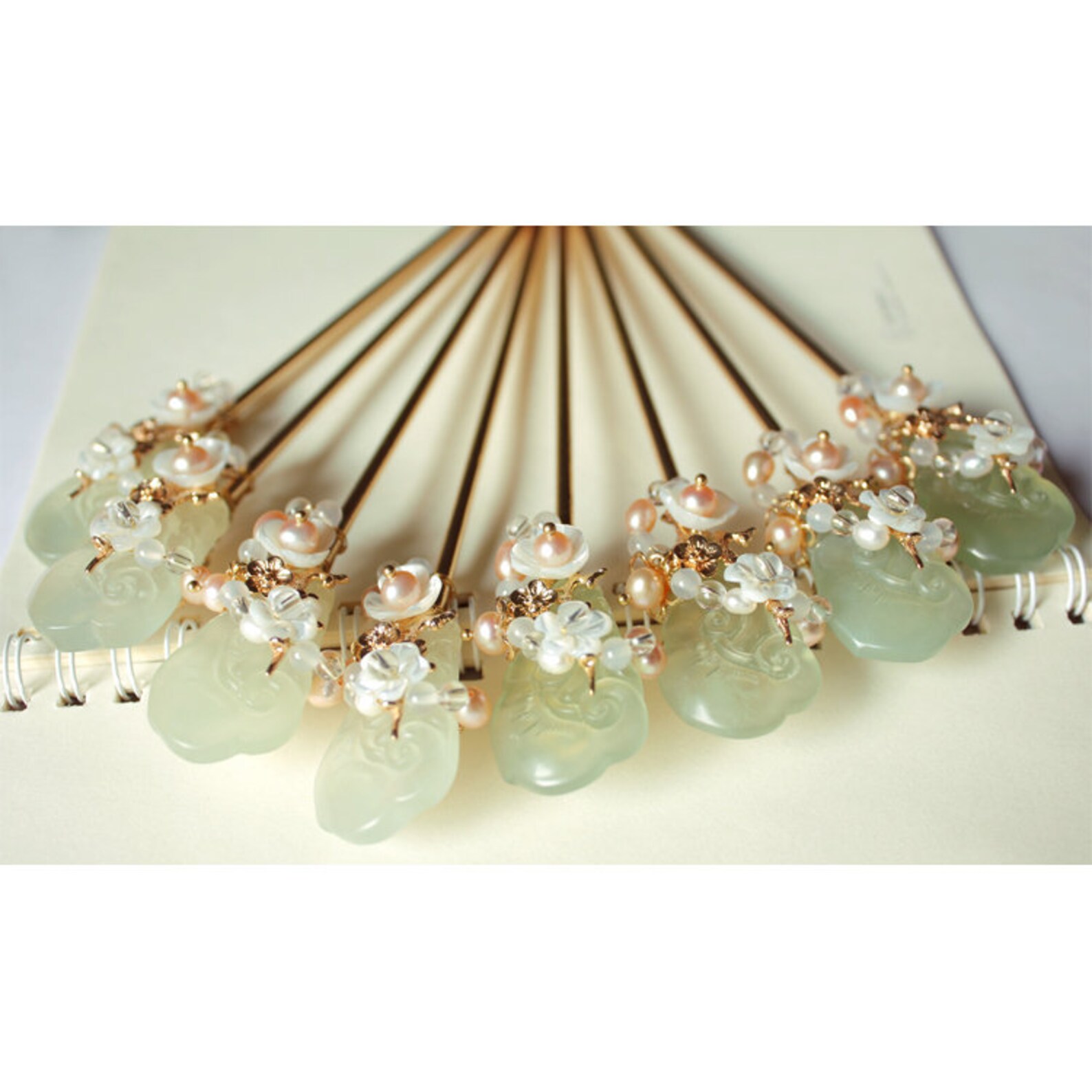 Jade Flower Copper Hairpin Retro Fine Pearl and Shell Flower - Etsy