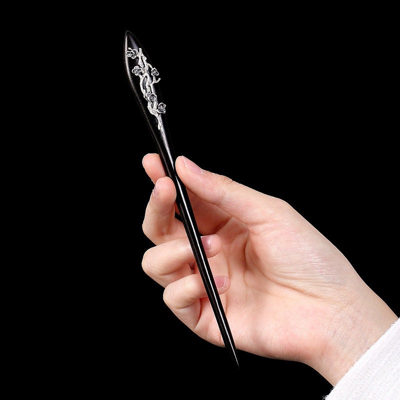Simple Black Wood Hairpin S925 Sterling Silver Plum Blossom | Etsy