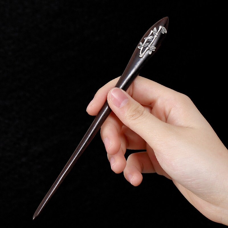 Long Black Wood Hairpin Inlaid With S925 Sterling Silver - Etsy