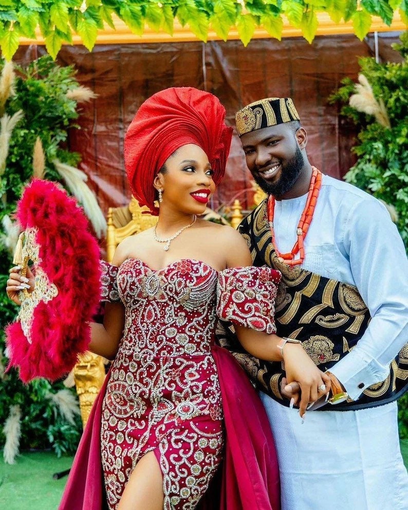 CUSTOM LUXURY Igbo Wedding Couple African Attire, African Couple Engagement Outfit, Igbo Wedding ...