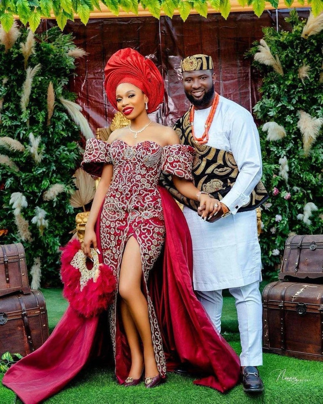 CUSTOM LUXURY Igbo Wedding Couple African Attire, African Couple Engagement Outfit, Igbo Wedding ...