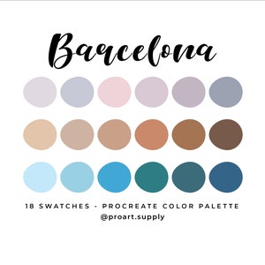 BARCELONA PROCREATE COLOR Palette Hex Codes Blue, Brown, Pink, Purple ...