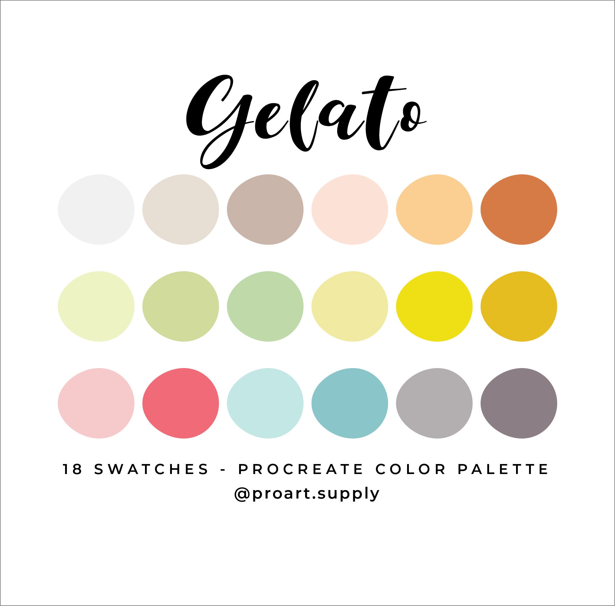 GELATO PROCREATE Color Palette Hex Codes Purple, Brown, Green, Yellow ...