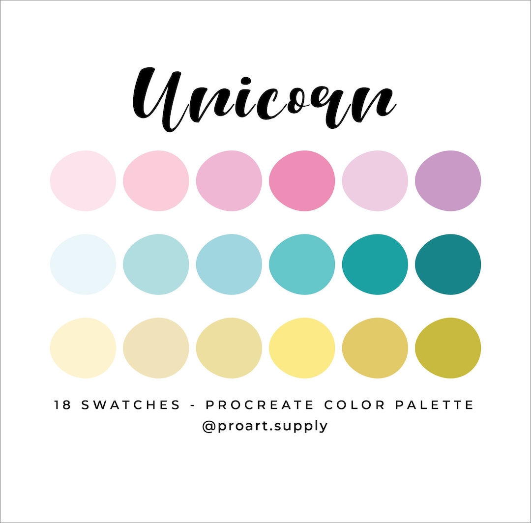 UNICORN PROCREATE Color Palette Hex Codes Pink, Yellow, Green, Blue-green for iPad Digital ...