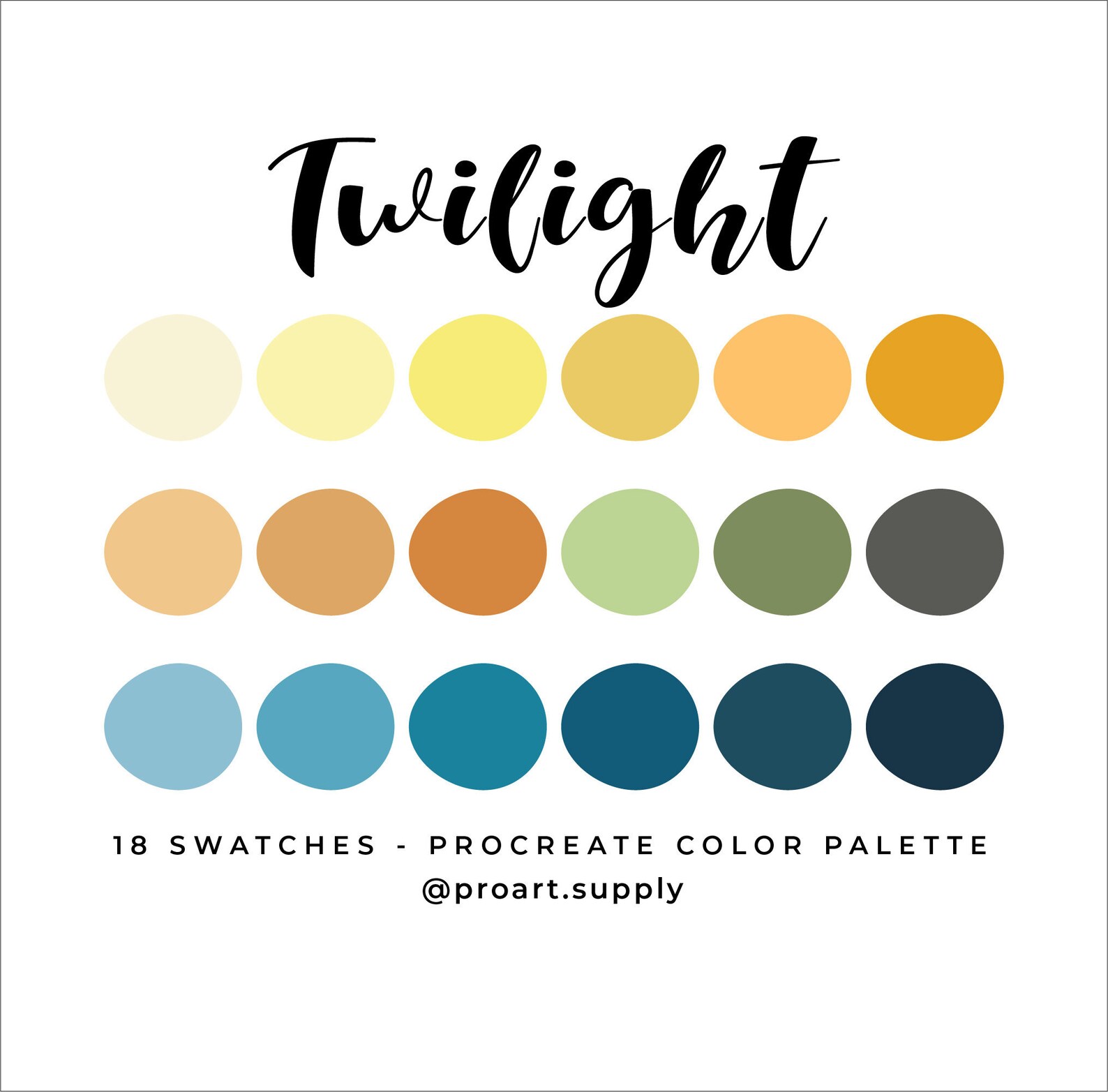 TWILIGHT PROCREATE Color Palette Hex Codes Yellow, Orange, Green, Blue ...