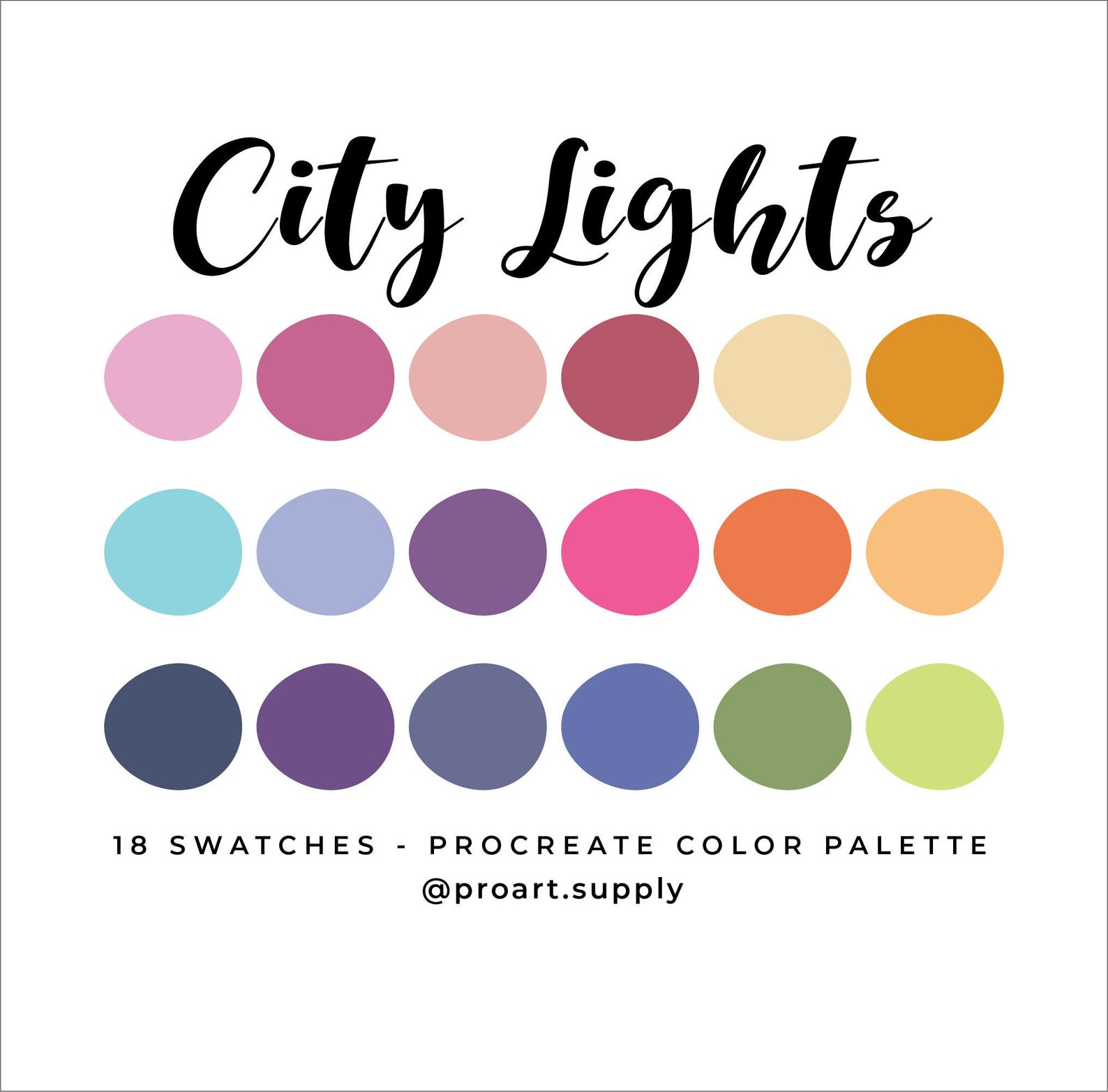 CITY LIGHTS PROCREATE Color Palette Hex Codes Purple, Pink, Orange ...