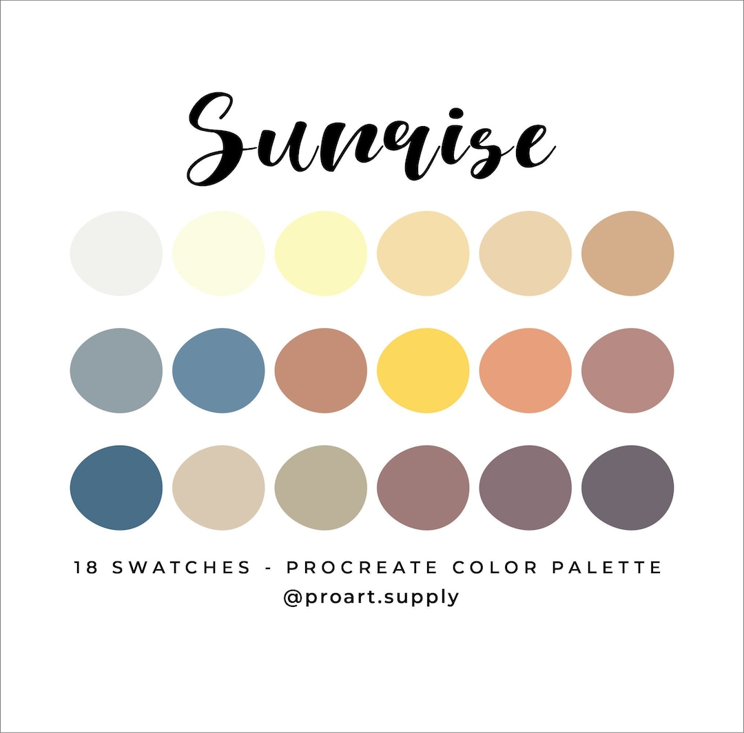 SUNRISE PROCREATE Color Palette Hex Codes Yellow, Gray, Brown, Purple ...