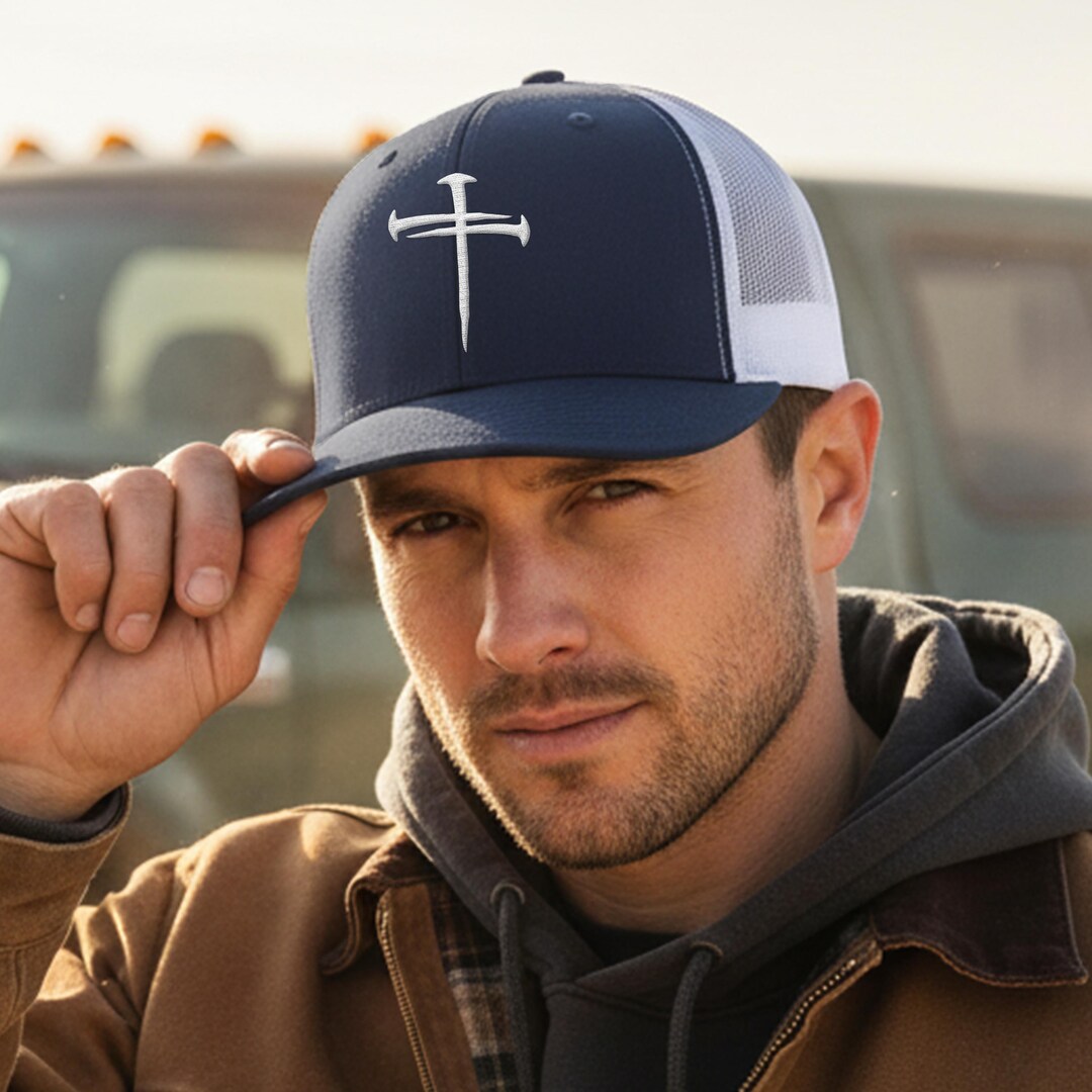 Christian Embroidered Trucker Hat, Nails & Cross Mesh Back Mens ...