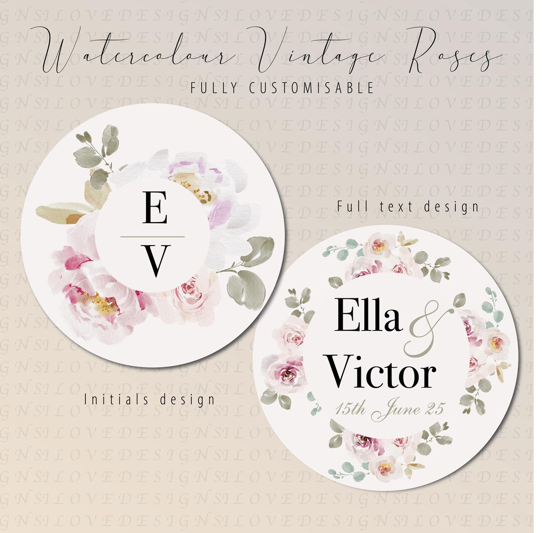 Watercolour Vintage Roses Stickers | Wedding and Party I Initials ...