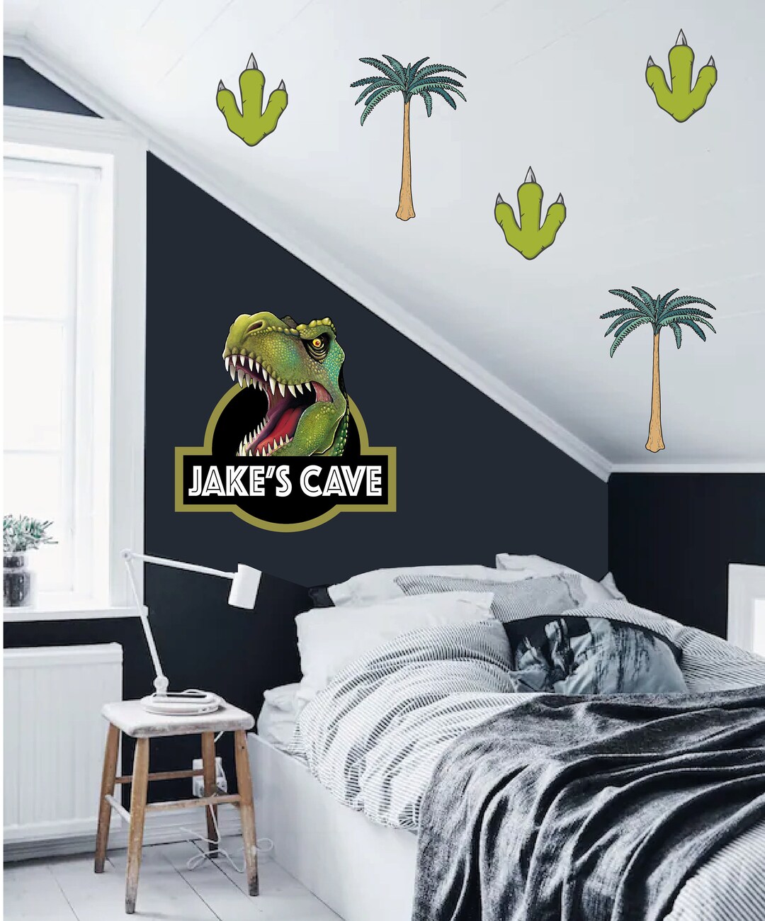Jurassic Cave & Dinosaur Paw Prints Bedroom Decor I Personalised Name ...