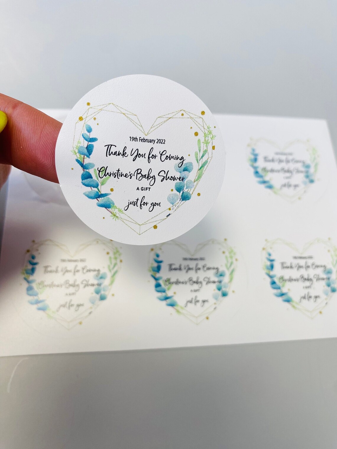 Green Love Heart Baby Shower Stickers I Personalised Text | Occasions ...