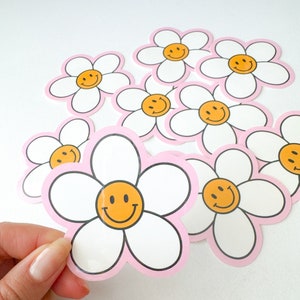 Pink Happy Daisy Sticker / Cute Positive Decals / Hand Drawn and Glossy ...