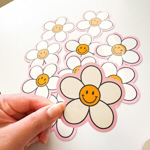 Pink Happy Daisy Sticker / Cute Positive Decals / Hand Drawn and Glossy ...
