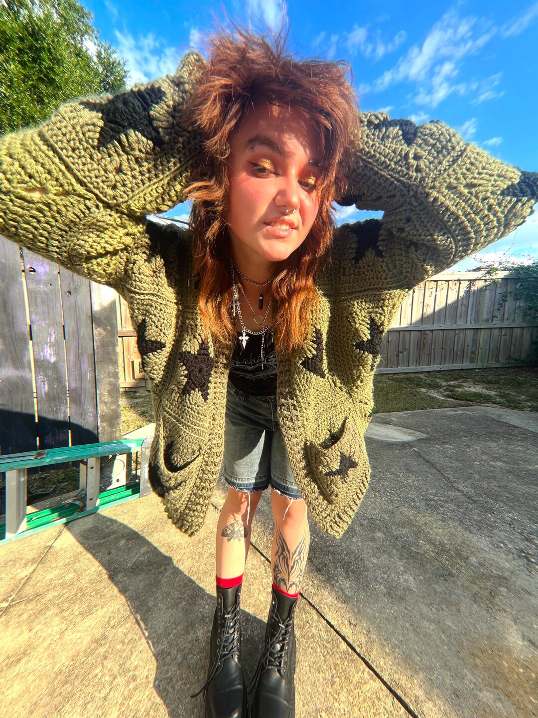 Astral Edge Cardigan | Handmade Crocheted Aesthetic Grunge Army Green ...