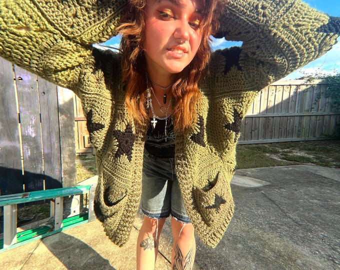 Astral Edge Cardigan | Handmade Crocheted Aesthetic Grunge Army Green ...