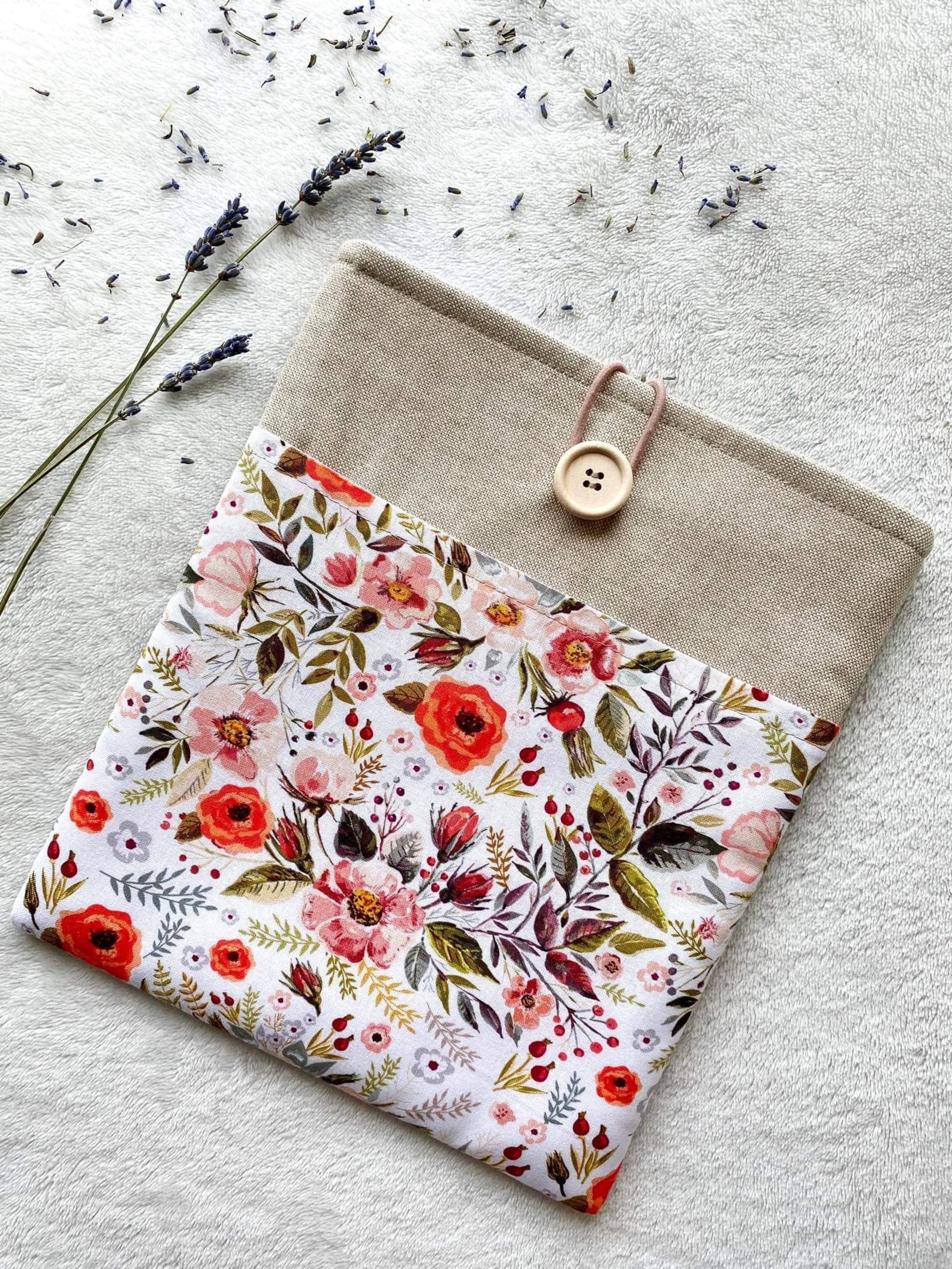 Floral Book Sleeve With Pocket, Padded Book Cover, Book Purse, Linen ...