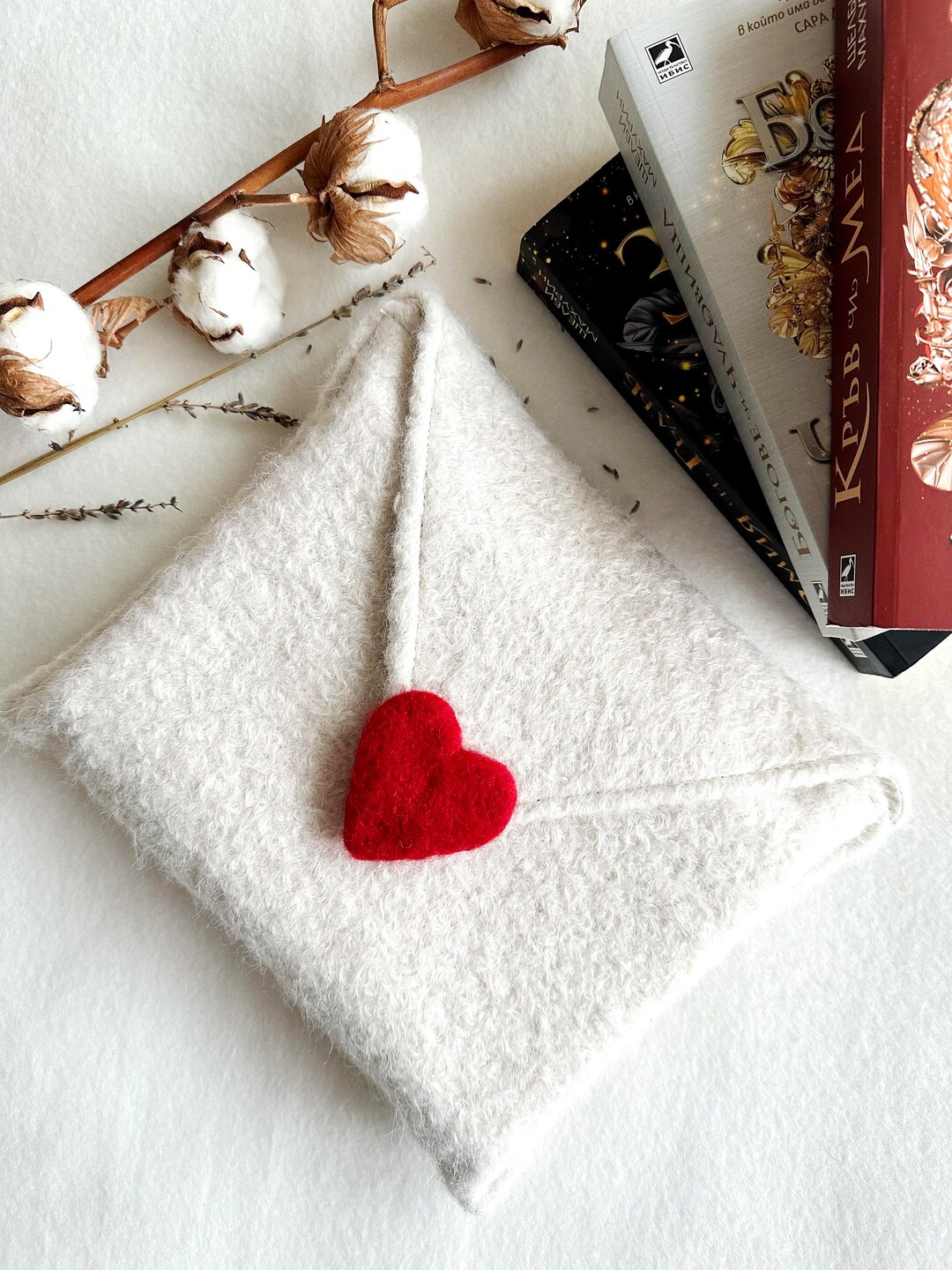 Love Letter Book Sleeve, Padded Book Cover, Woollen Book Purse, White ...