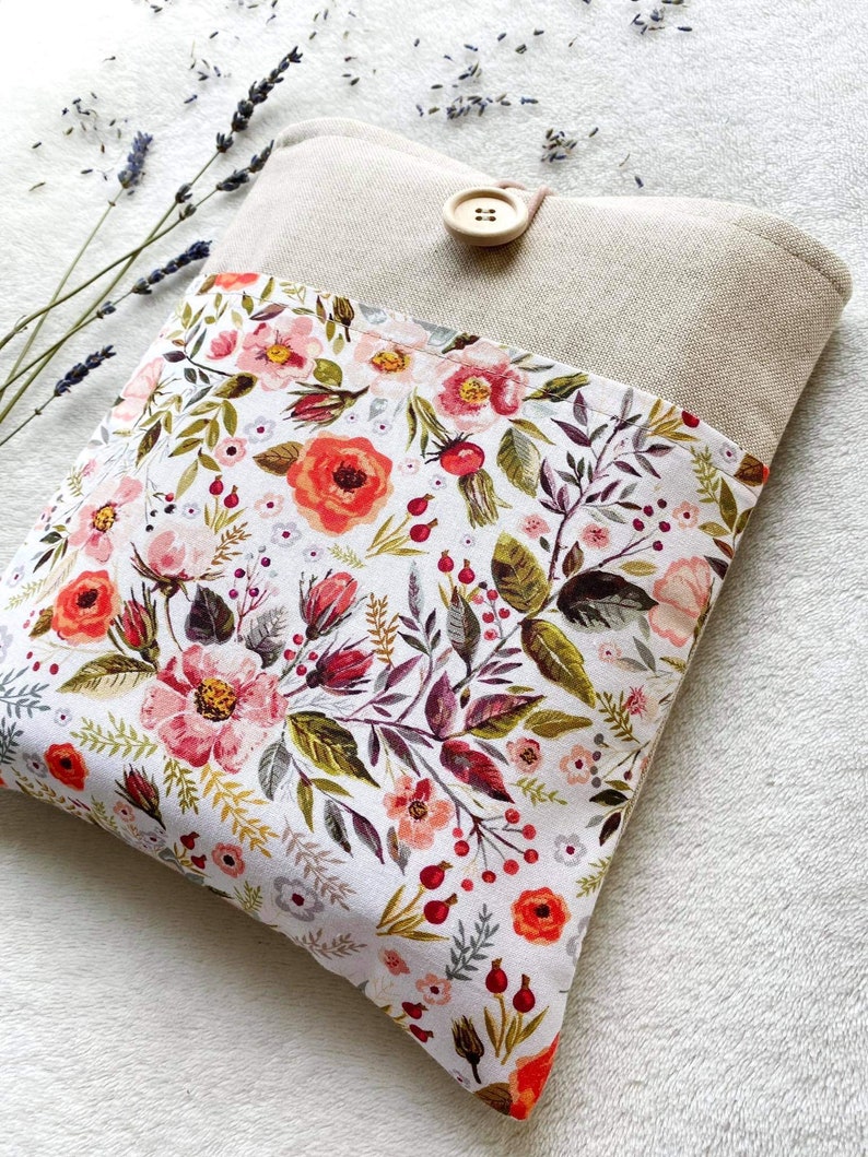 Floral Book Sleeve With Pocket, Padded Book Cover, Book Purse, Linen ...
