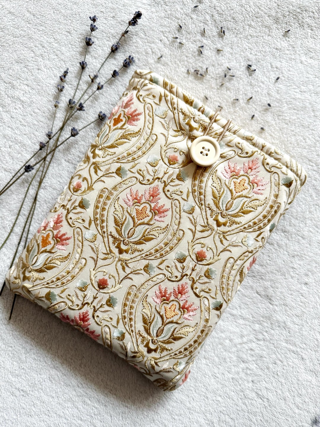 Embroidery Floral Book Sleeve, Padded Book Cover, Beige Book Purse ...