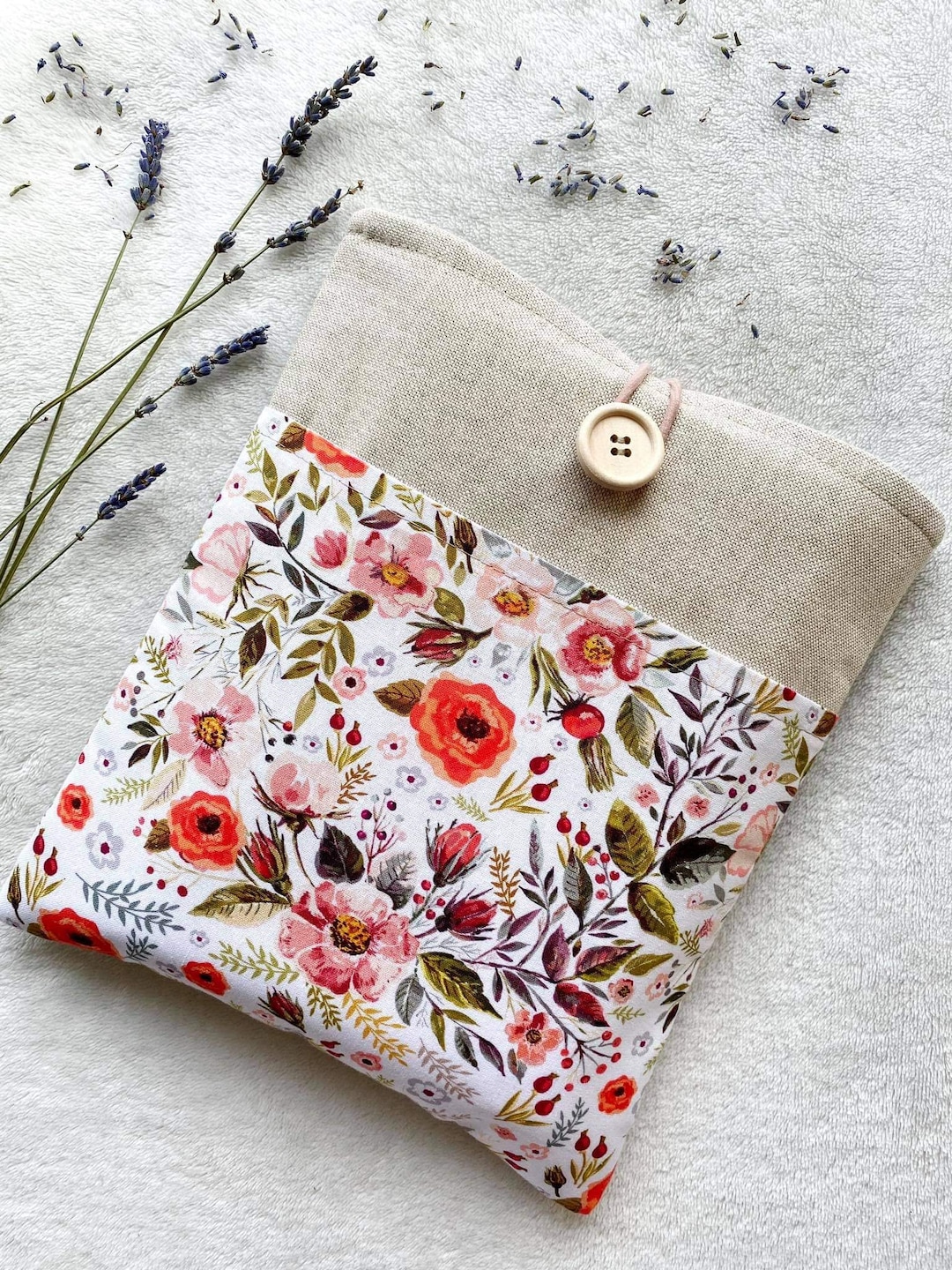 Floral Book Sleeve With Pocket, Padded Book Cover, Book Purse, Linen ...