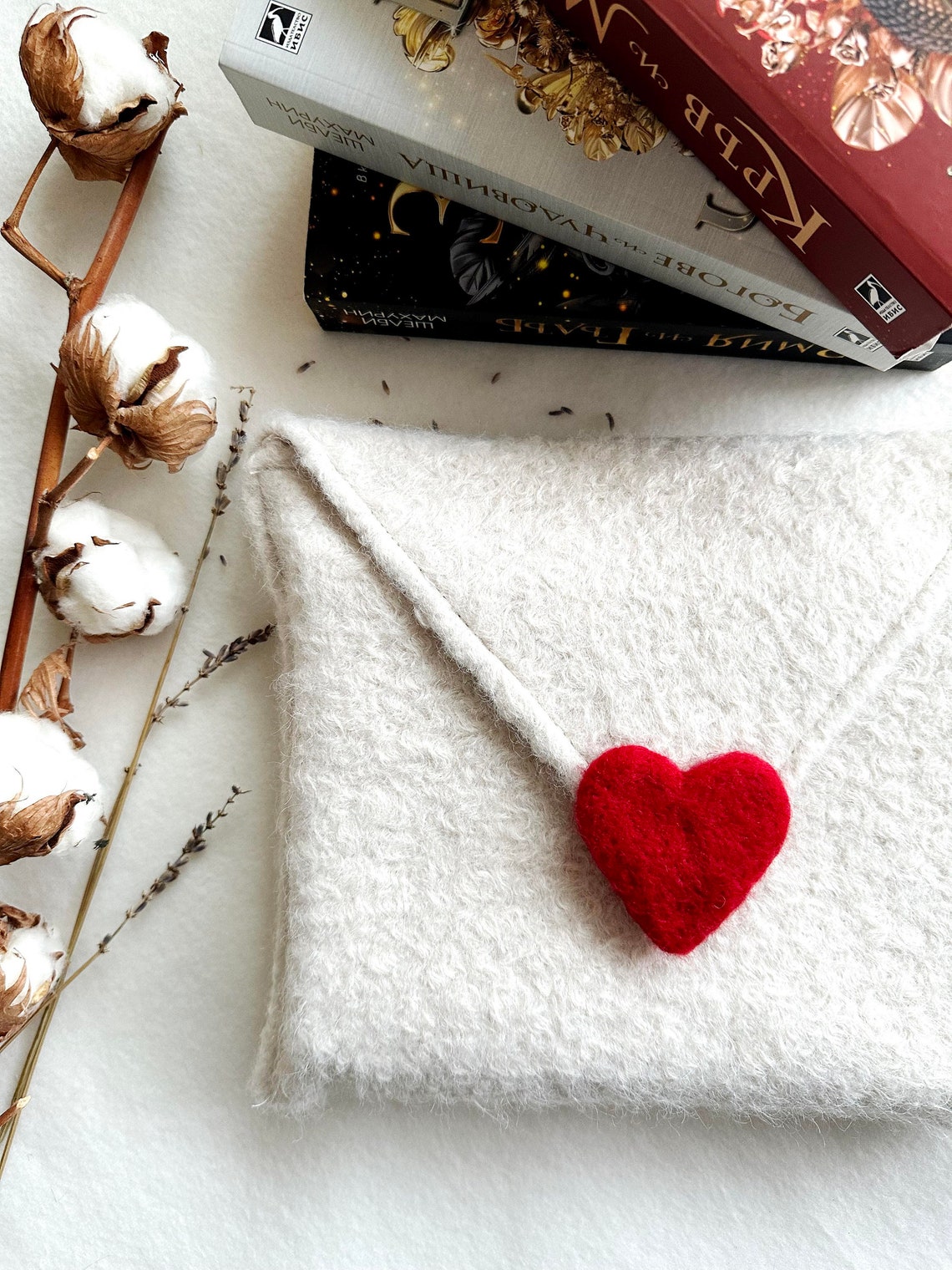 Love Letter Book Sleeve, Padded Book Cover, Woollen Book Purse, White ...
