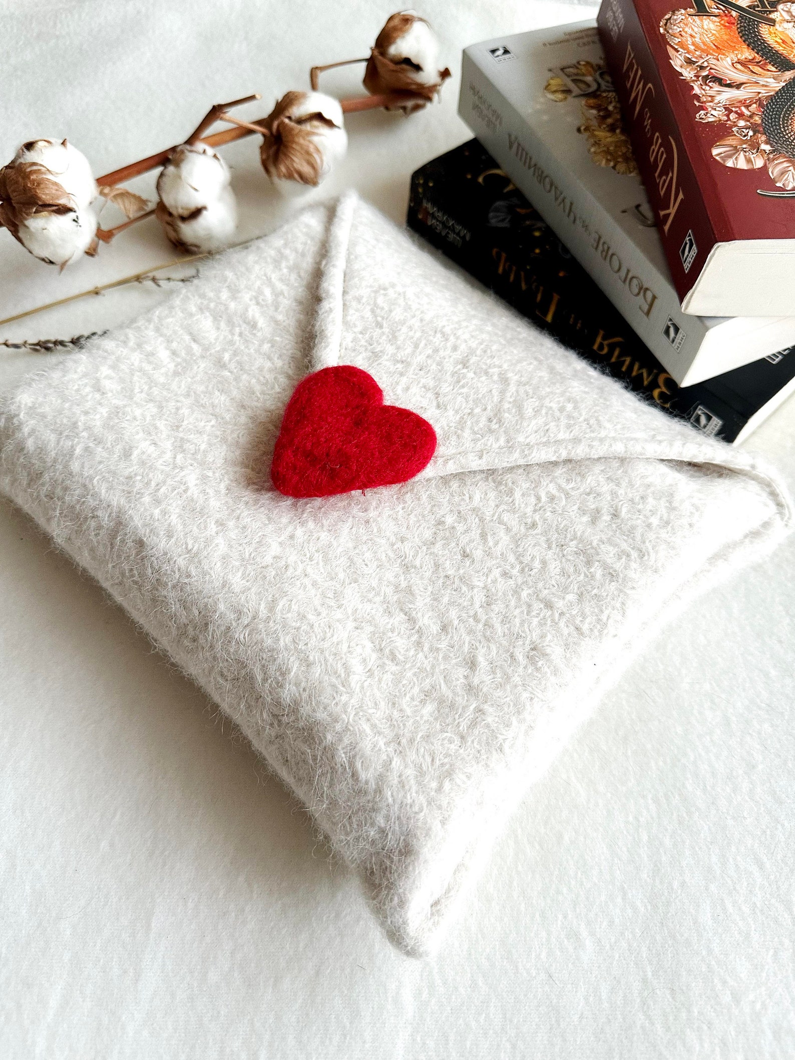 Love Letter Book Sleeve, Padded Book Cover, Woollen Book Purse, White ...