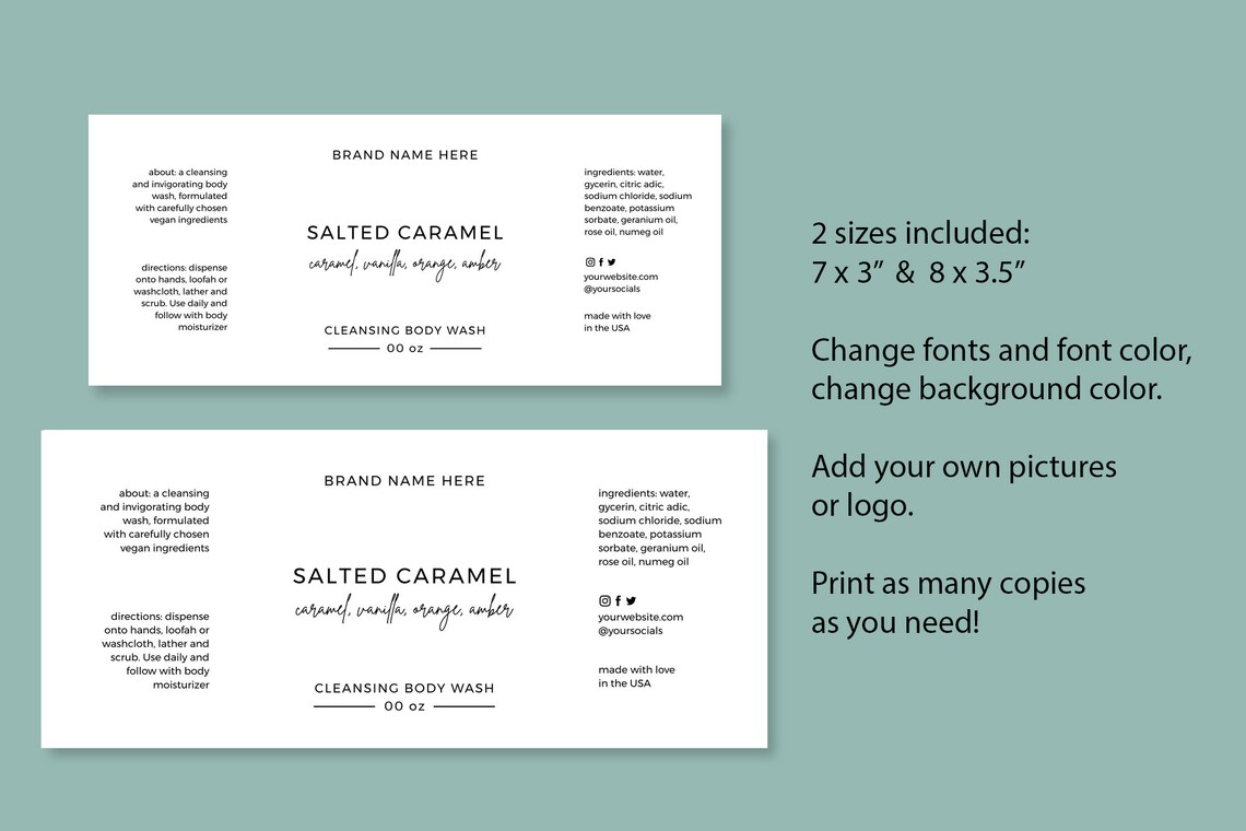Body Wash Label Template Printable 8oz 16oz Boston Round Body - Etsy