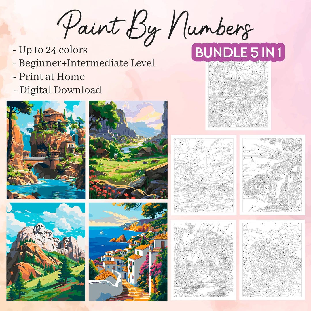 5 Color by Number Pages, Landscape Paint by Numbers, Numbered Coloring ...