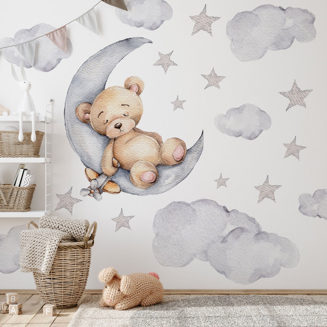 Bear on Moon Nursery Wall Decal: Repositionable Baby Décor - Etsy