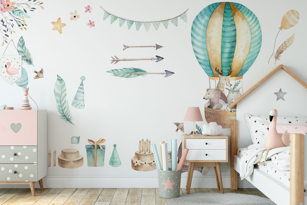 Air Balloon Nursery Wall Decal Watercolor Animal, Forest Animals Wall ...