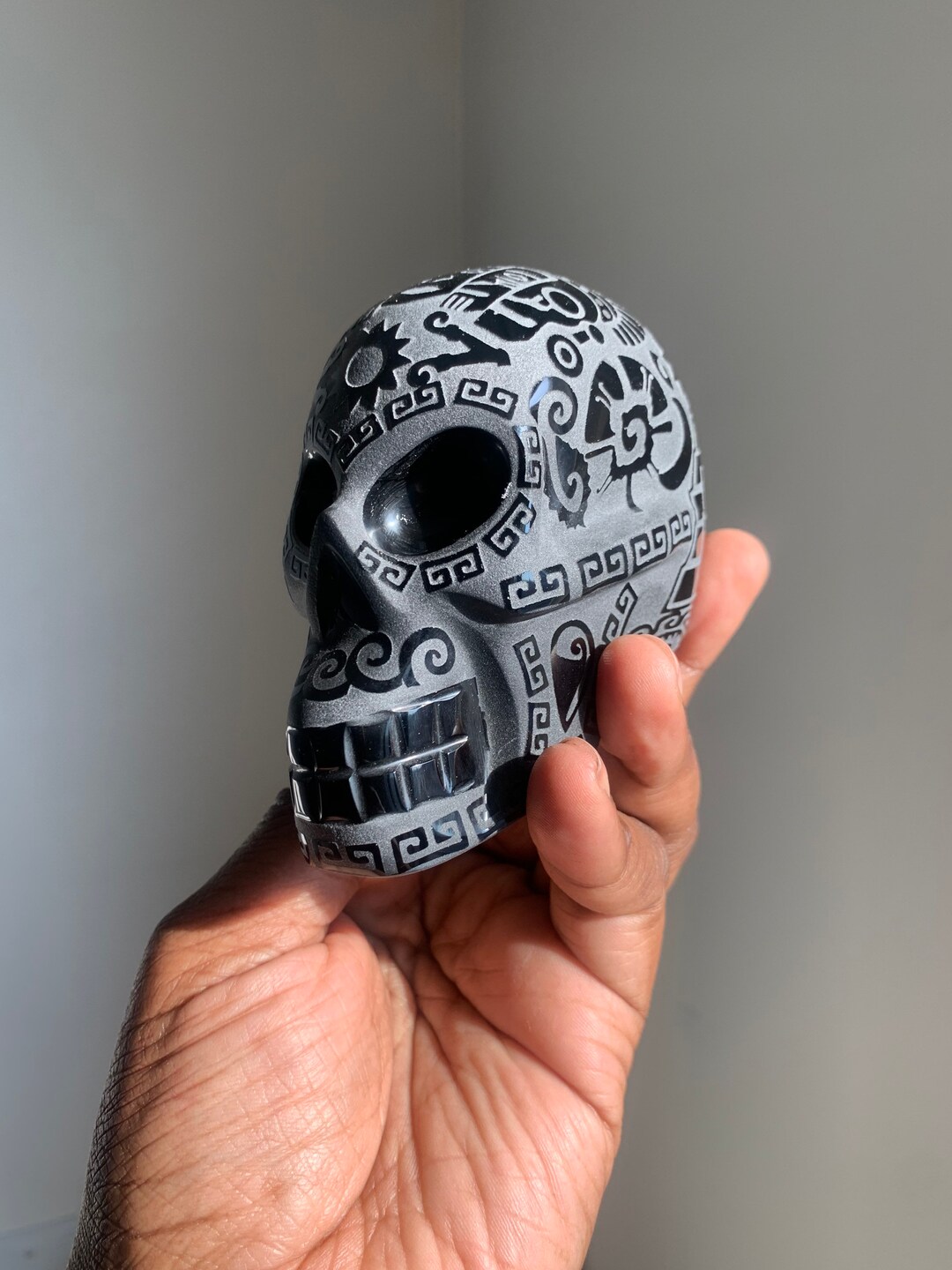 Obsidian Skull With Aztec Carvings | Crystal Skull | Skull Art | Black ...