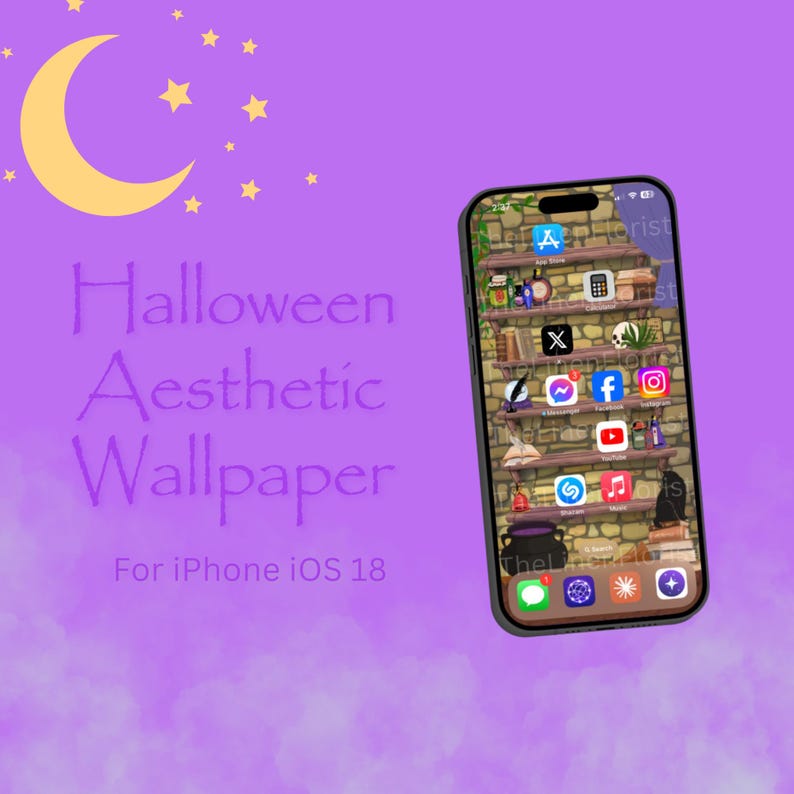 Halloween Apothecary Bookcase Wallpaper for iPhone Ios 18 - Digital ...