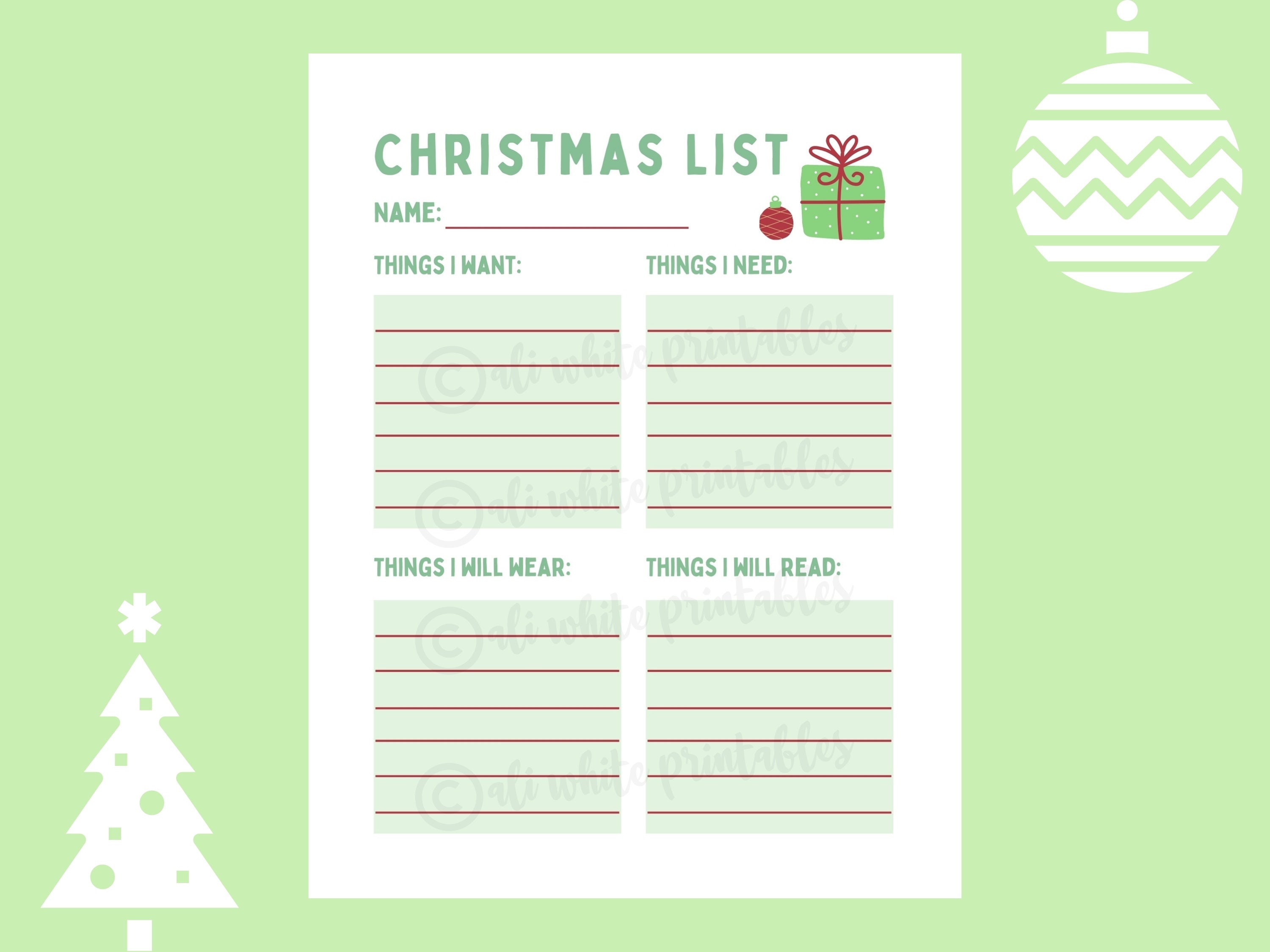 Kids Christmas List 4 Things Printable 3 Colors Digital Download Things ...