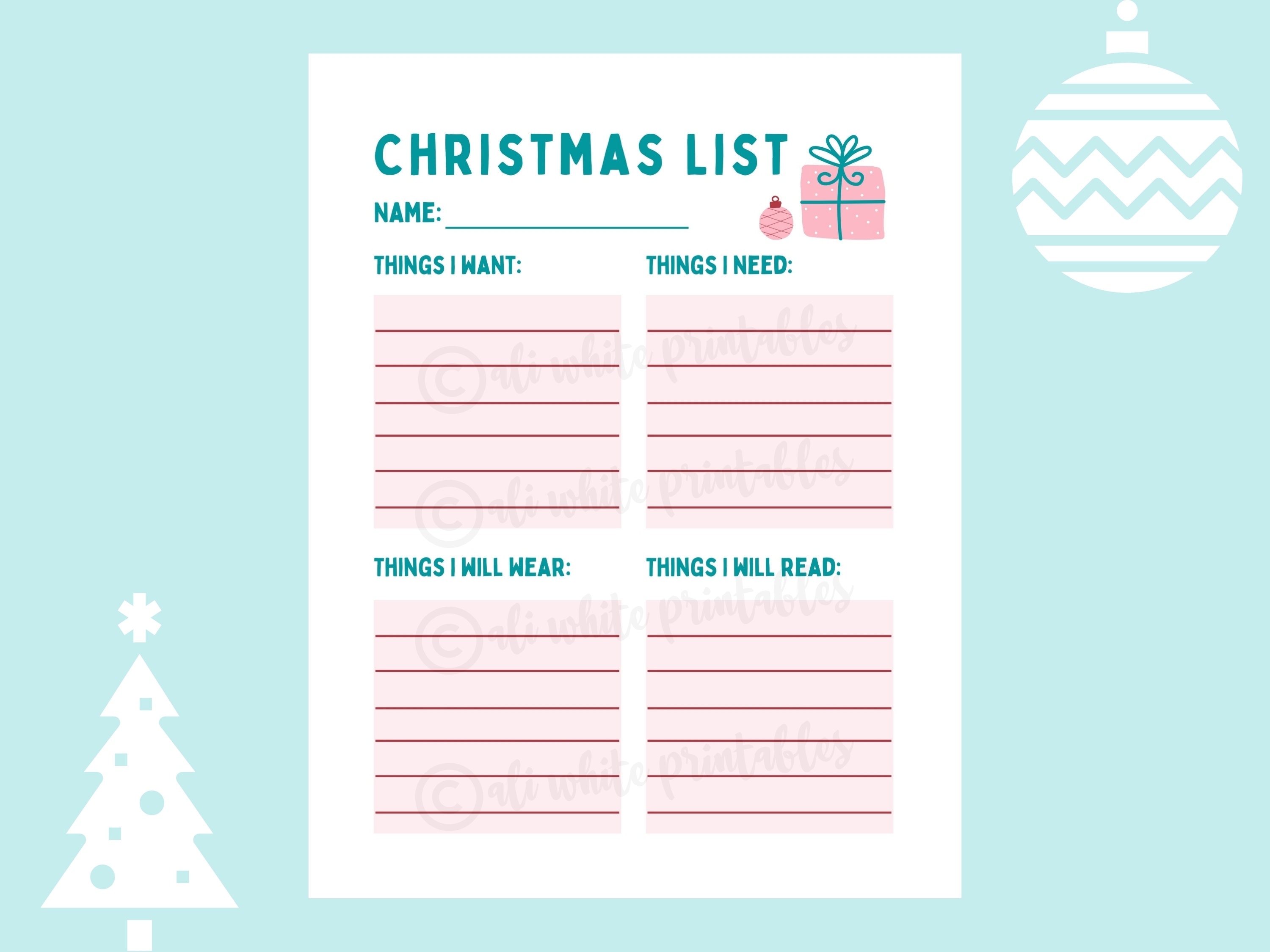 Kids Christmas List 4 Things Printable 3 Colors Digital - Etsy