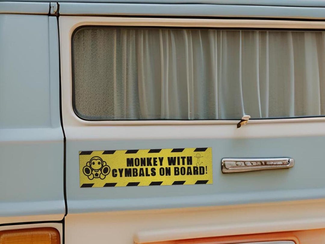 Funny Monkey With Cymbals Bumper Sticker - Campy Humor Car Decal for ...