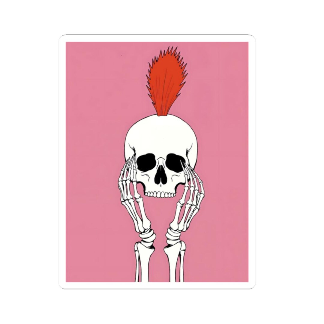 Pink Mohawk Rocker Skeleton Skull Sticker, Funny Meme Kiss-cut ...