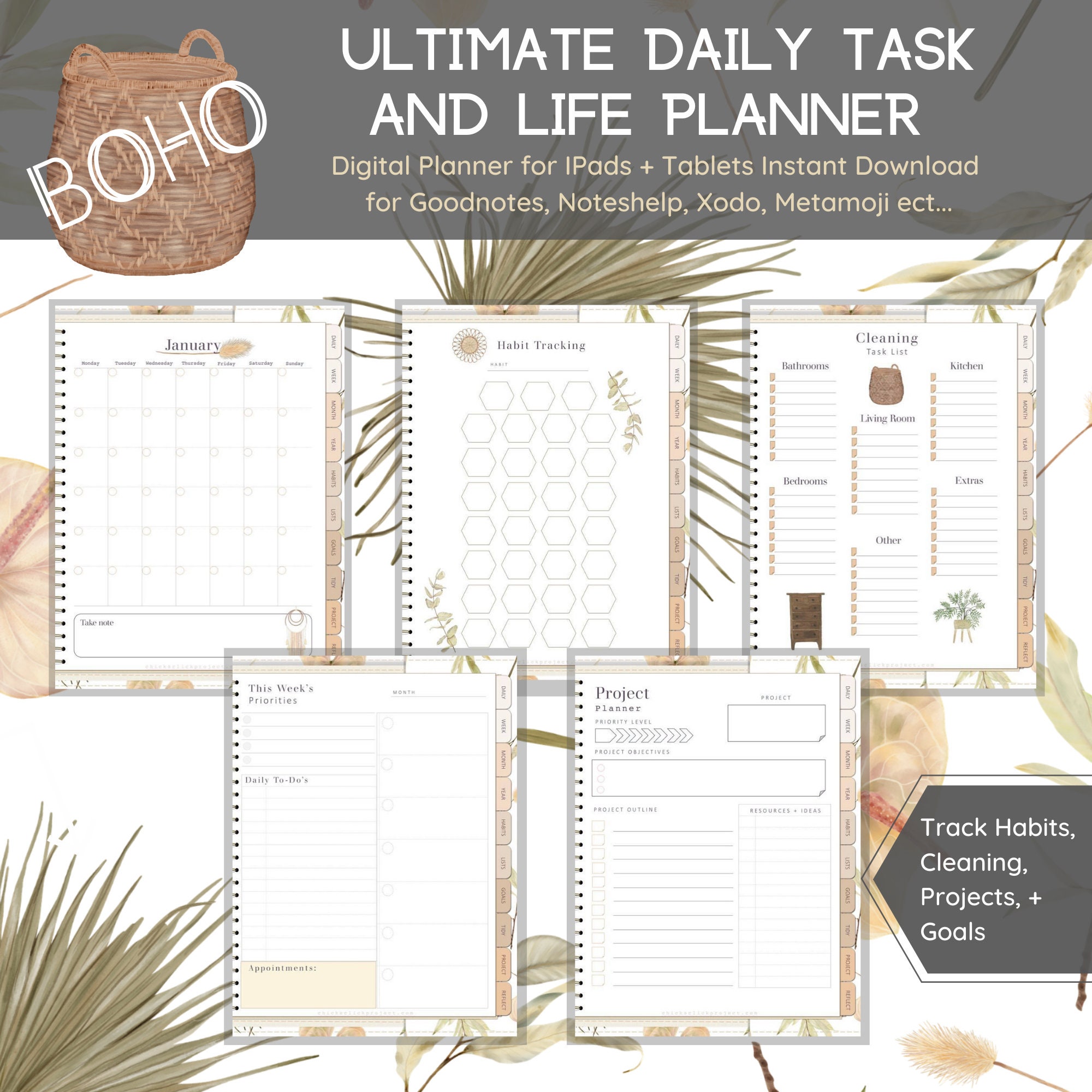 Boho Lux Digital Planner Daily Task Journal All in One PDF Instant ...
