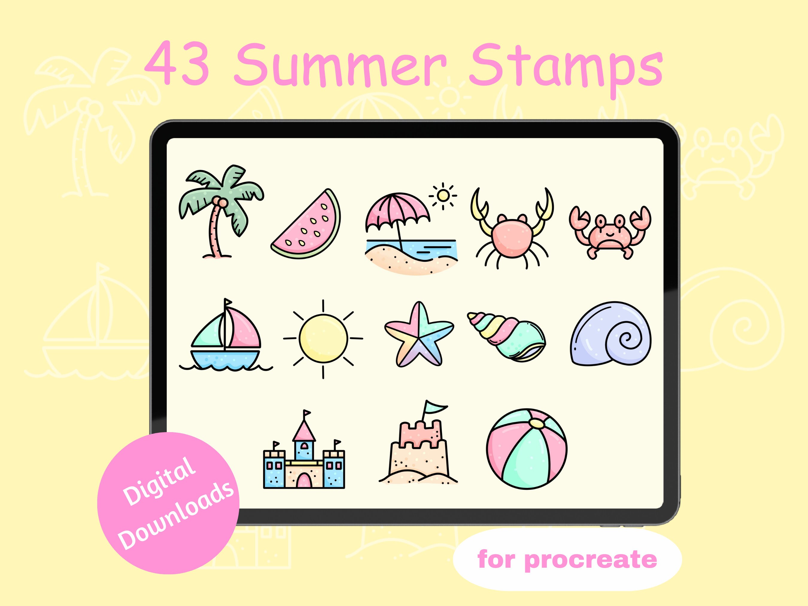 43 Summer Stamps Doodles for Procreate and Pastel Color Palette ...