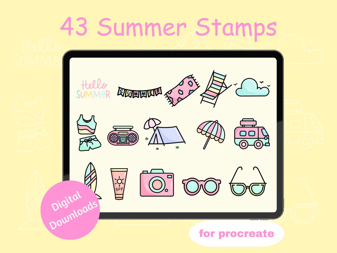 43 Summer Stamps Doodles for Procreate and Pastel Color Palette ...