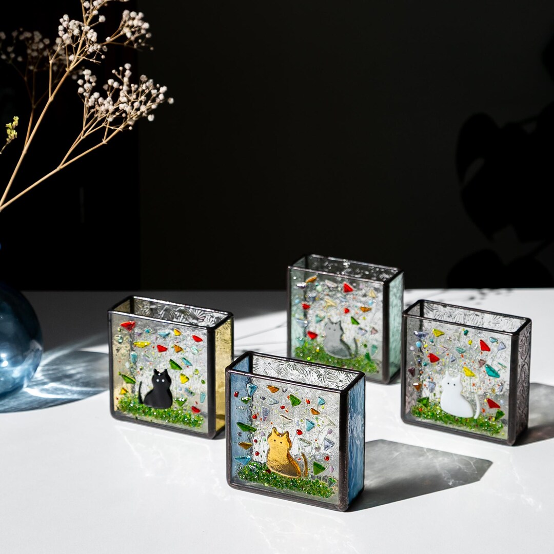 Fused Glass Cat Mini Vase, Handmade Tiffany Art, Cat Among Wildflowers ...