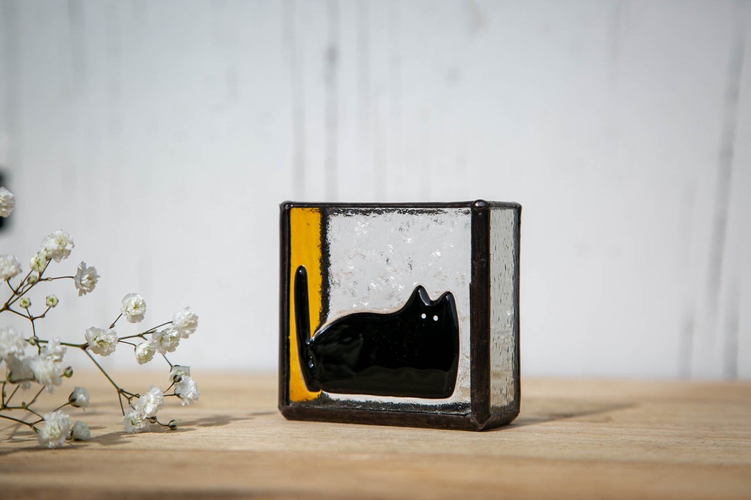 Black Cat Memorial Stained Glass Vase – Handmade Pet Loss Gift, Tiffany ...