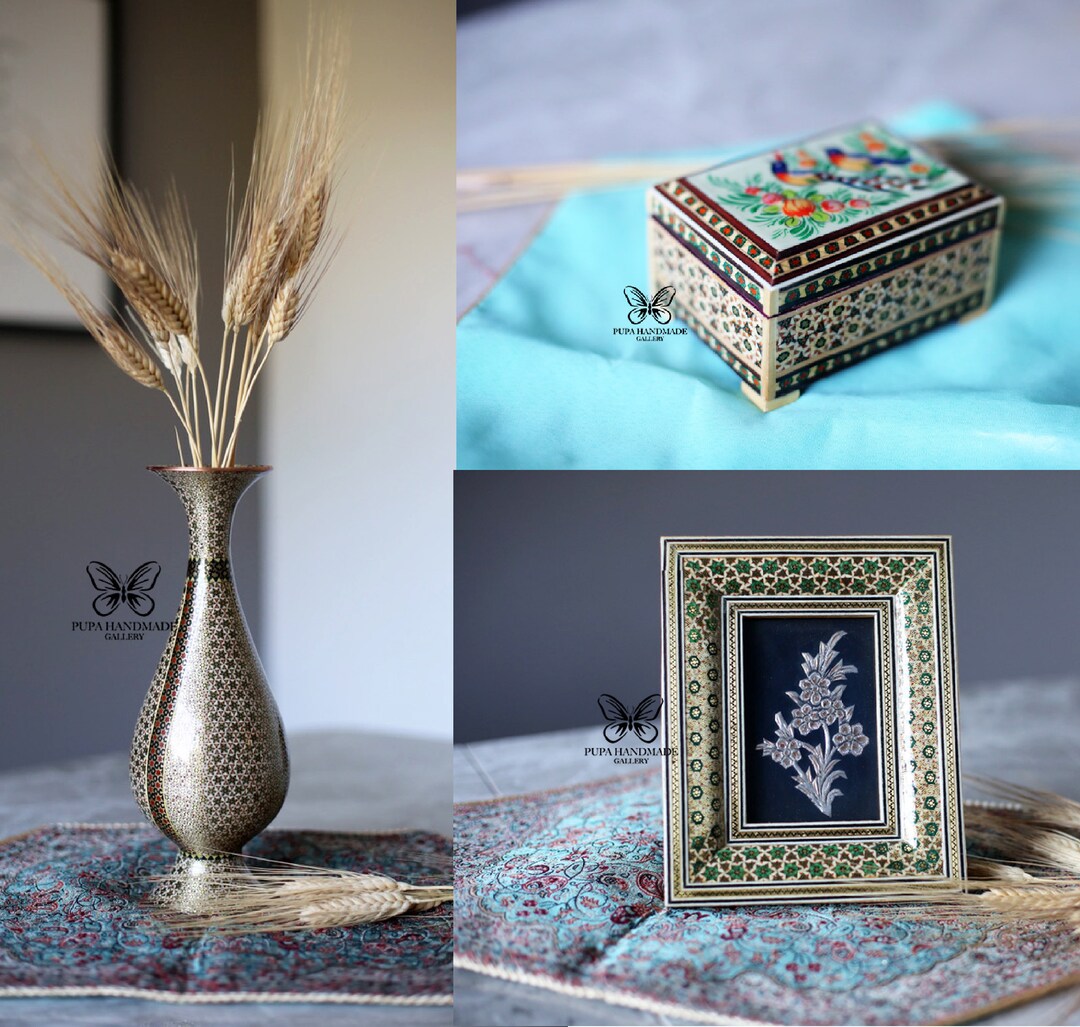 Inlaid/khatamkari Copper Pot/vase, Khatam Frame, Khatam Bird Scene ...