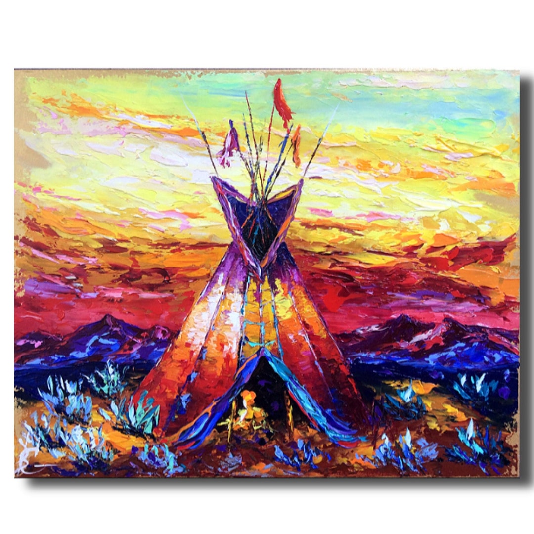 Tipi Oil Painting: Native American Impasto Art, Textured Palette Knife ...
