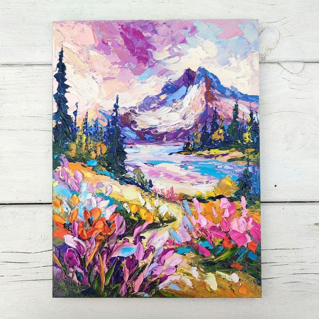 Mount Hood Wildflower Oil Painting: Impasto Mountain Landscape Art ...